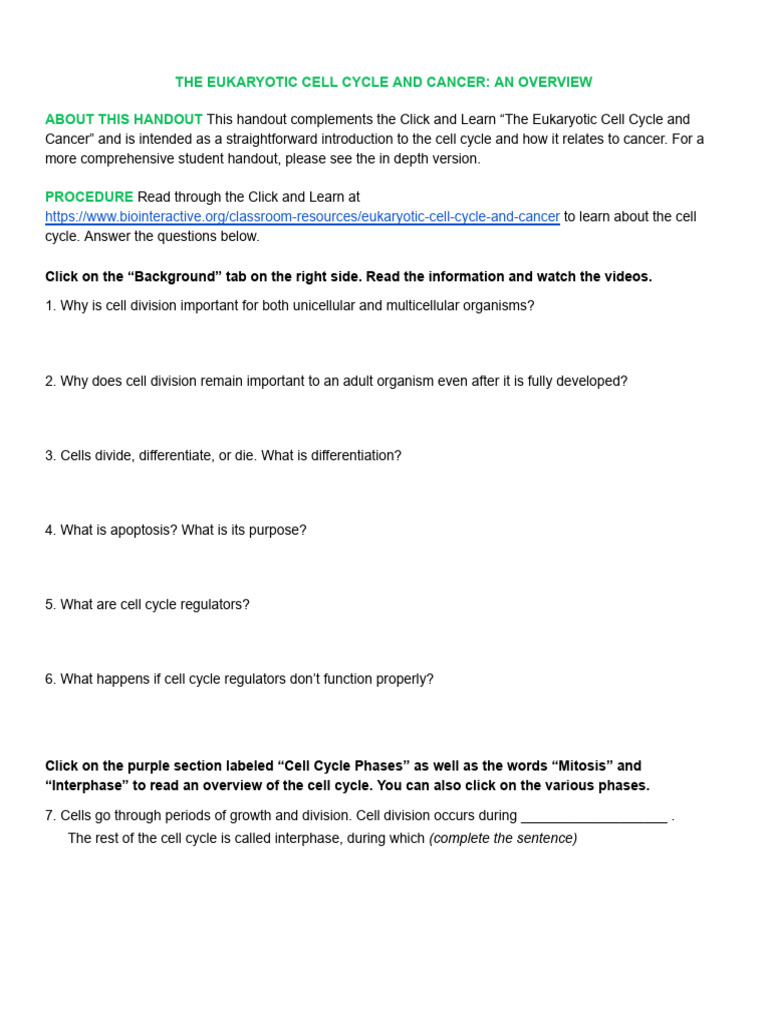 HHMI Cell Cycle & Cancer Interactive Click & Learn | PDF