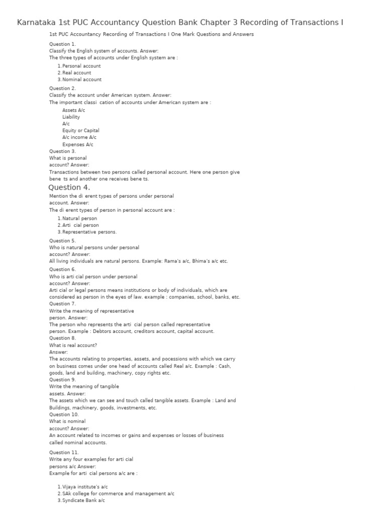 1st Puc Accountancy Question Bank Chapter 3 | PDF