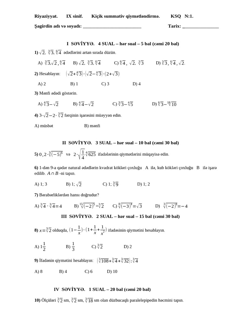 9 Sinif Riyaziyyat KSQ - 1 | PDF