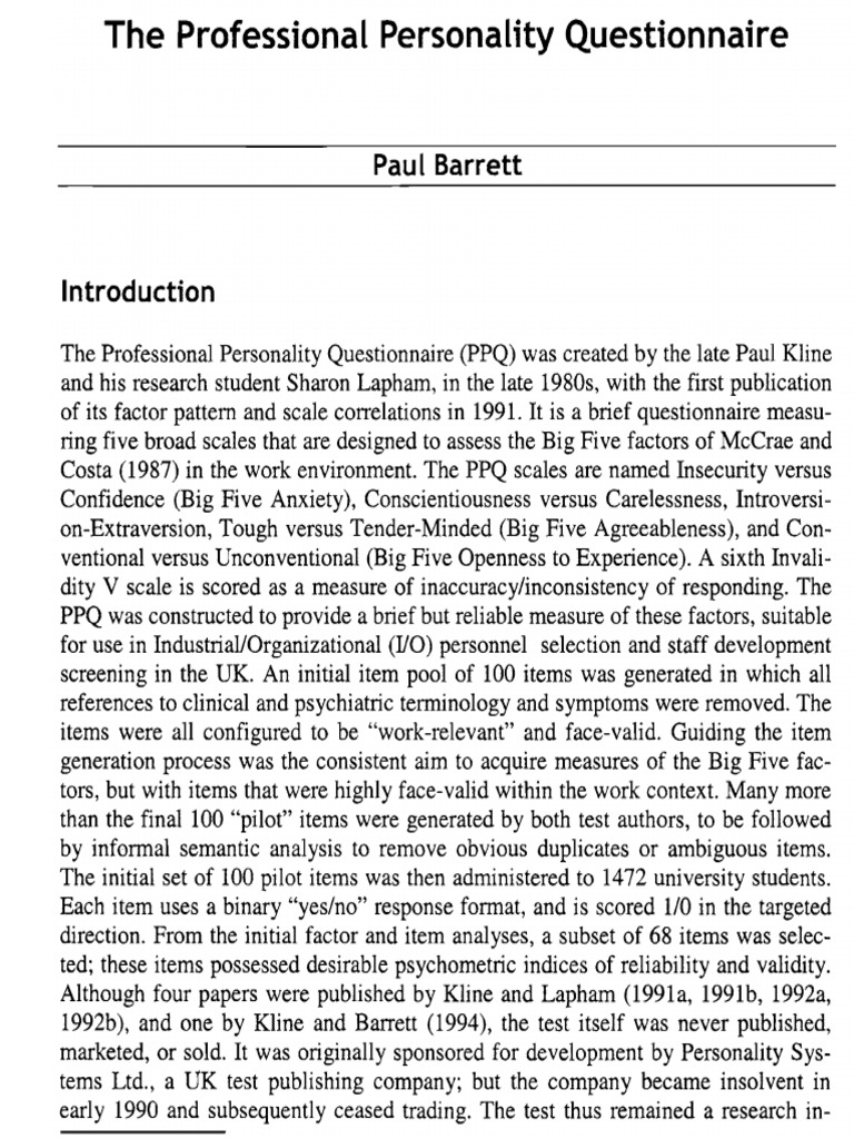Professional Personality Questionnaire | PDF