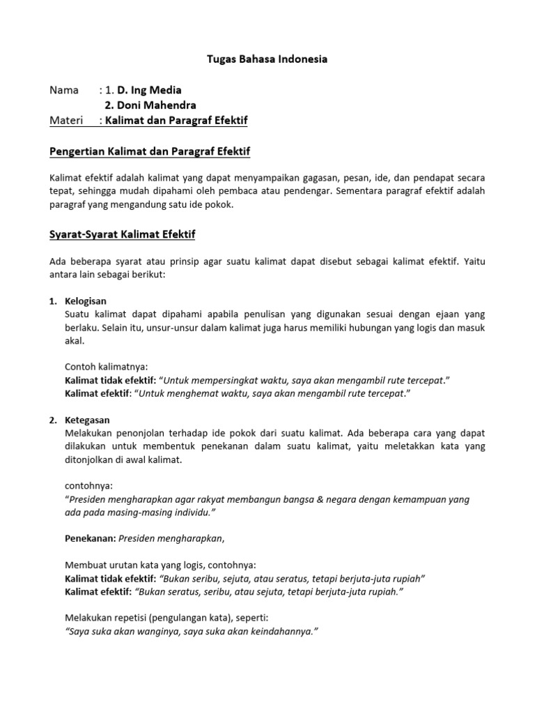 Tugas Ing-Bahasa Indoesia-Kalimat Efektif | PDF