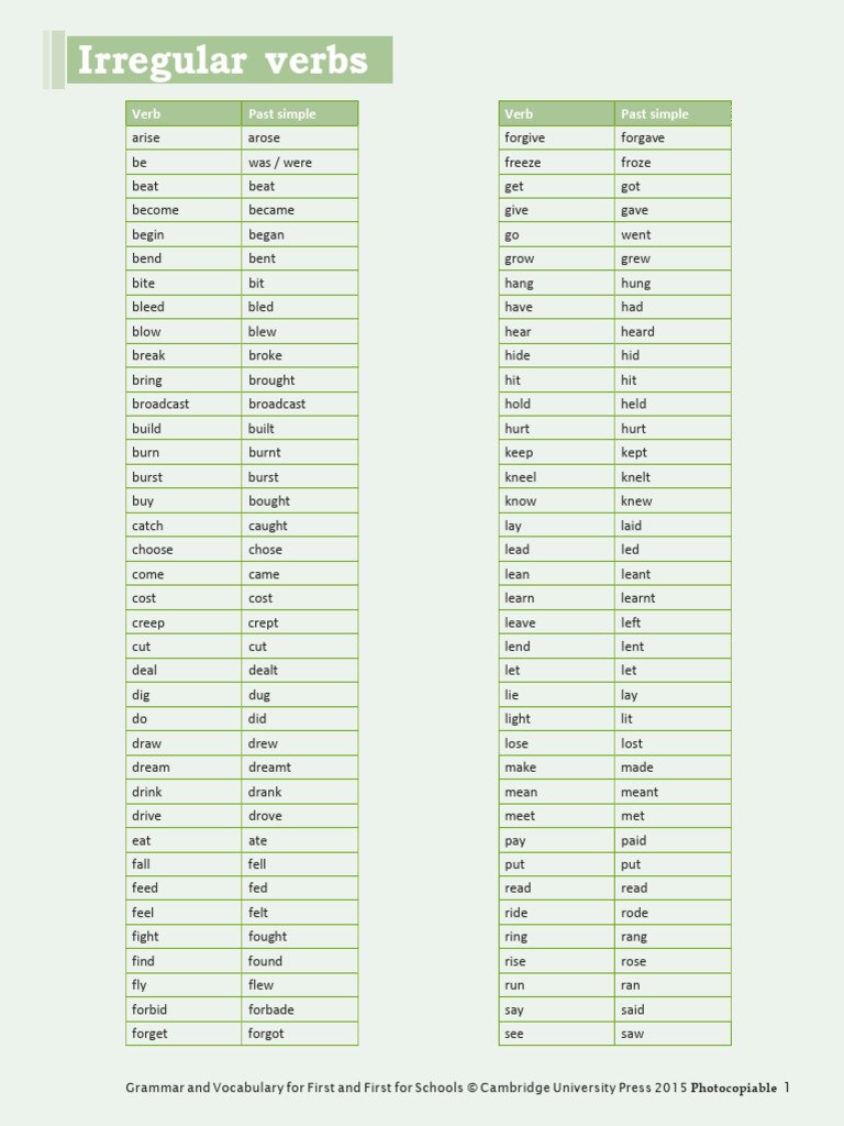 Irregular Verbs - Past Simple Tense | PDF