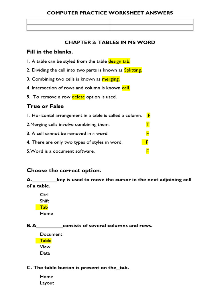 Chapter 3 WORKSHEET CLASS 5 Answers | PDF