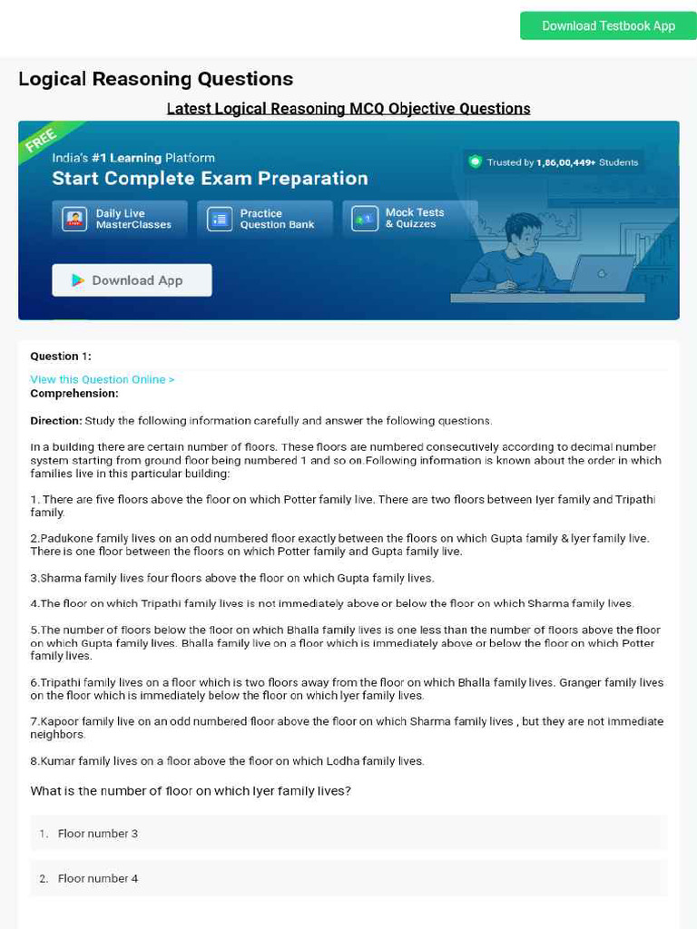 MCQ On Logical Reasoning 5eea6a0e39140f30f369e41d | PDF
