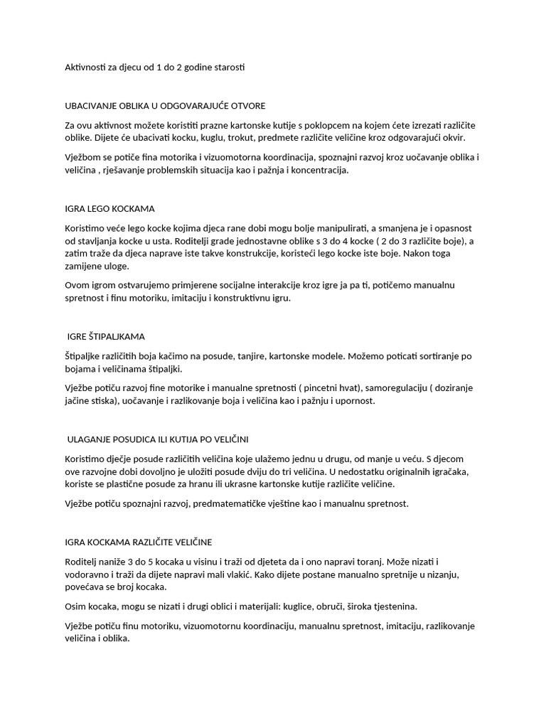 Aktivnosti Za Djecu Od 1 Do 2 Godine Starosti | PDF