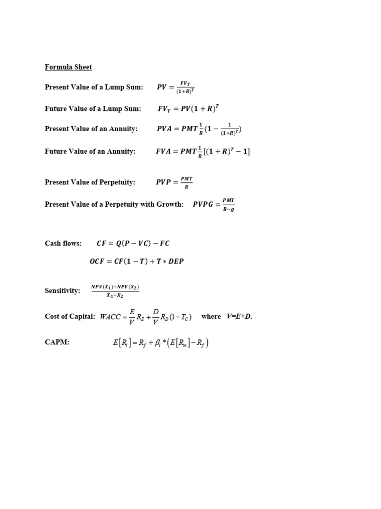 Financial Formula Sheet for Valuation | PDF | Teaching Methods & Materials