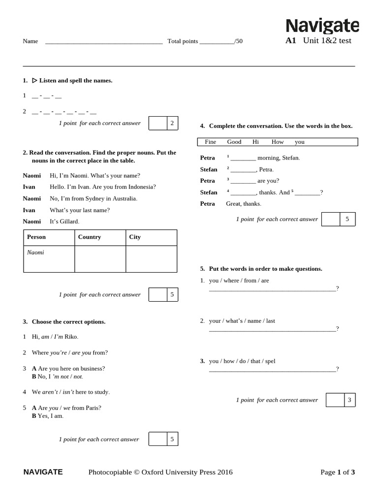 Navigate Unit Test 1&2 A | PDF | Language Families | Language Mechanics