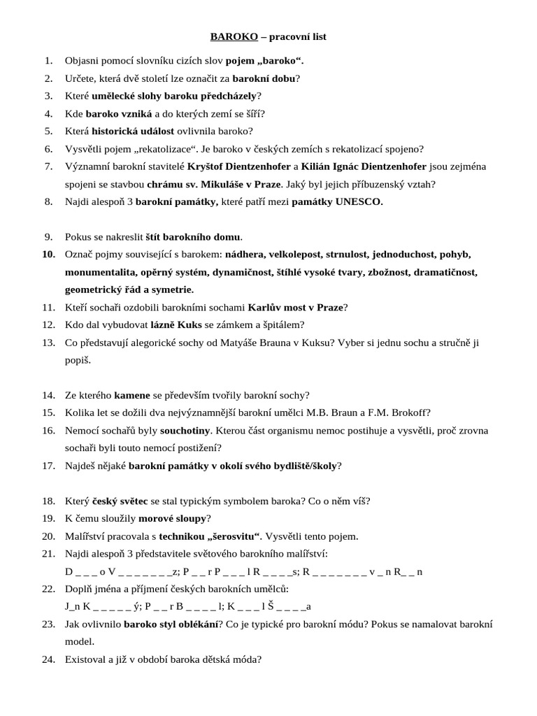 Baroko - Pracovní List | PDF