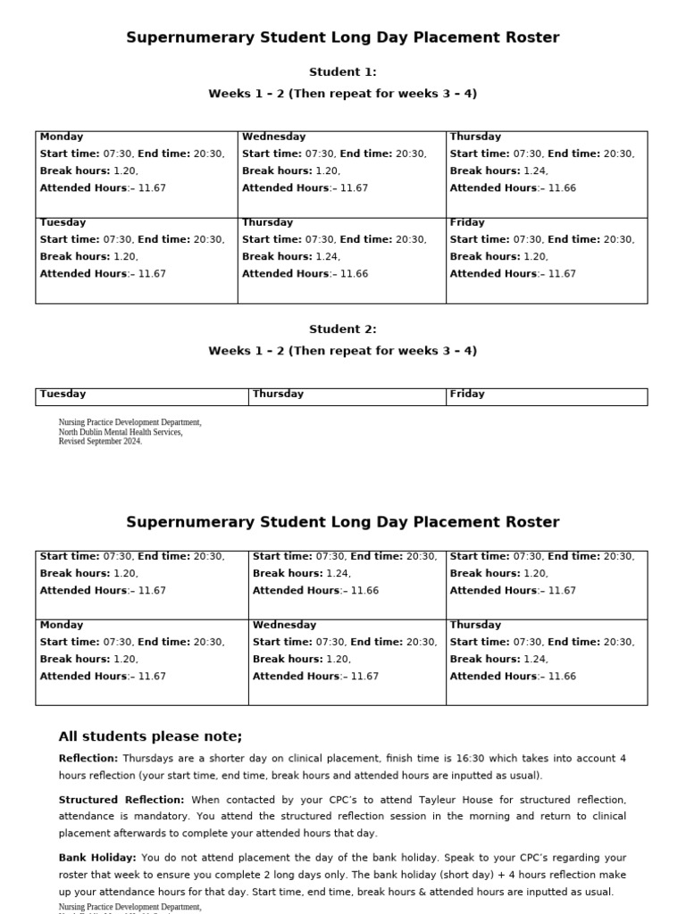 Supernumerary Student Roster Updated Long Day | PDF