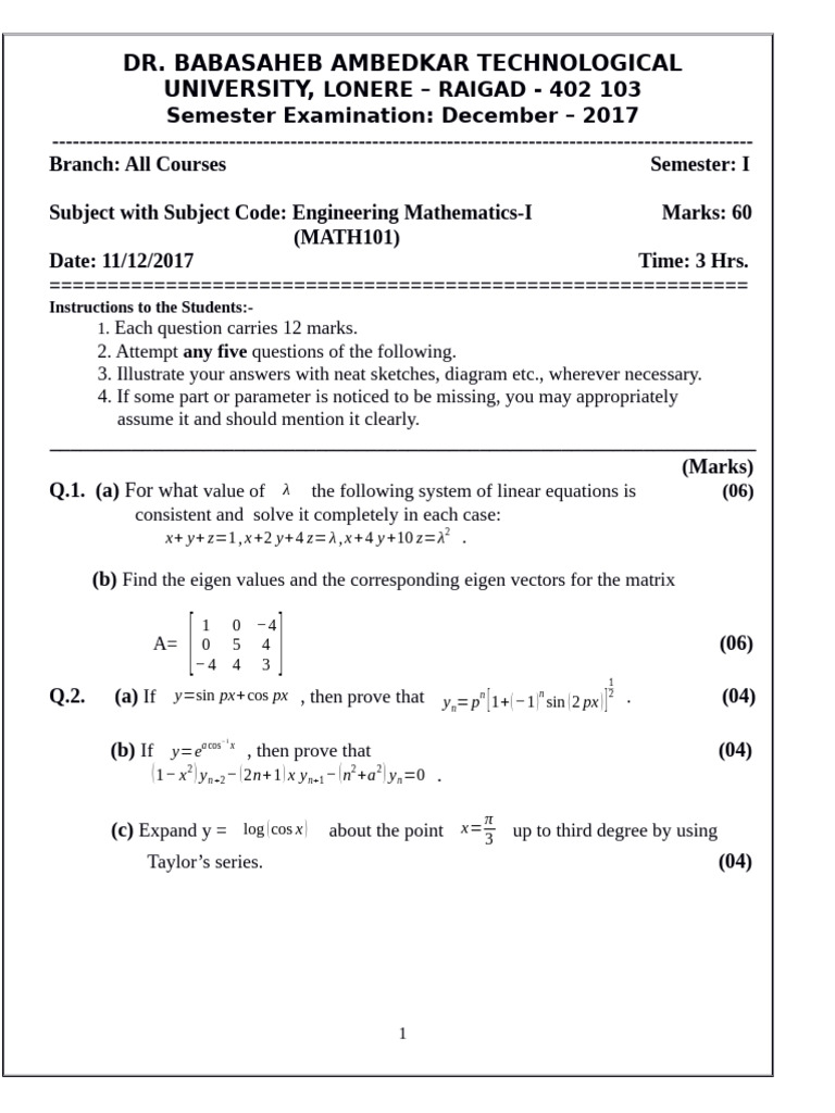 Engineering Mathematics-I ALL PYQ (Pran Tehare) | PDF