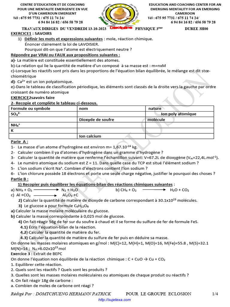 TD Troisieme PCT Octobre N°1 | PDF