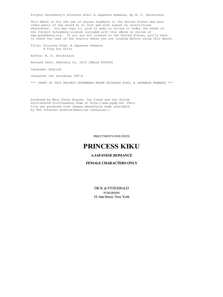 Princess Kiku A Japanese Romance by M F Hutchinson | PDF
