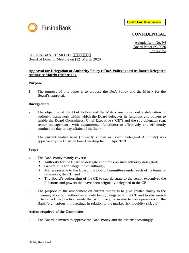 [Draft] Board Paper - Approval for (Delegation of Authority Policy With ...