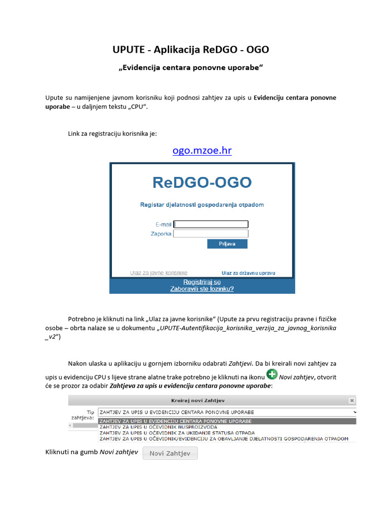 NOVO UPUTE-Upis - U - Evidenciju - Centara - Ponove - Uporabe | PDF