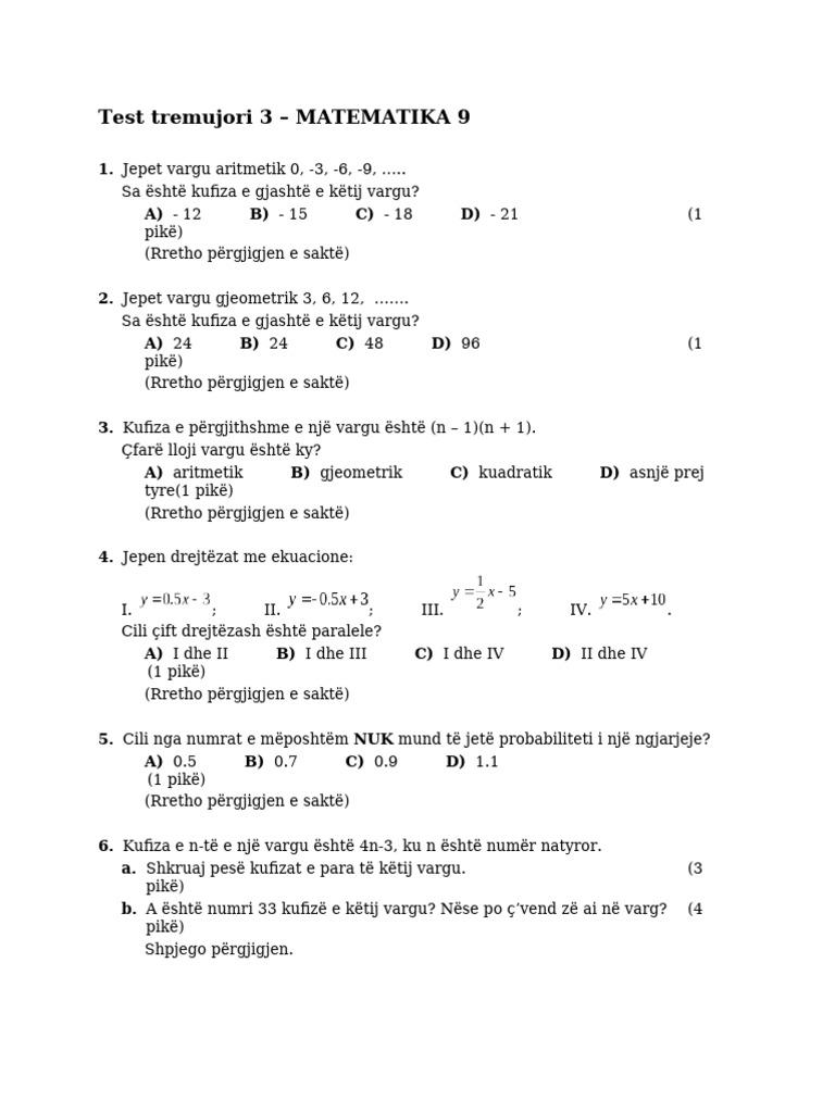 Test Matematika 9 Tremujori I Trete | PDF