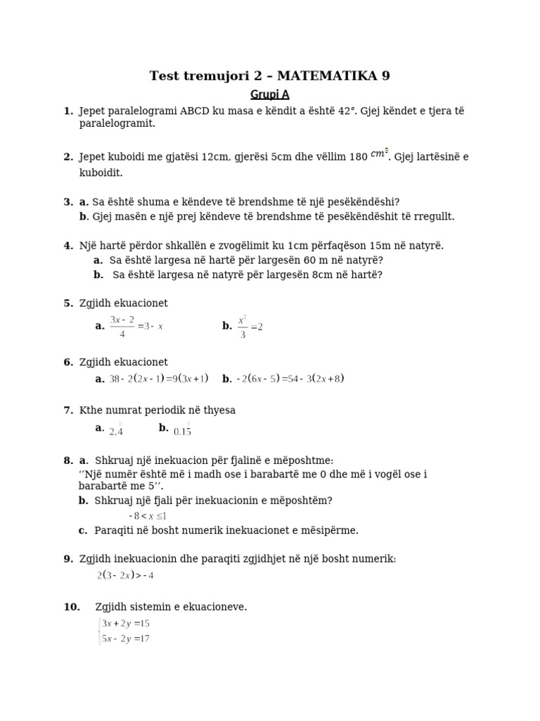 Test Matematika 9 Tremujori i Dyte | PDF