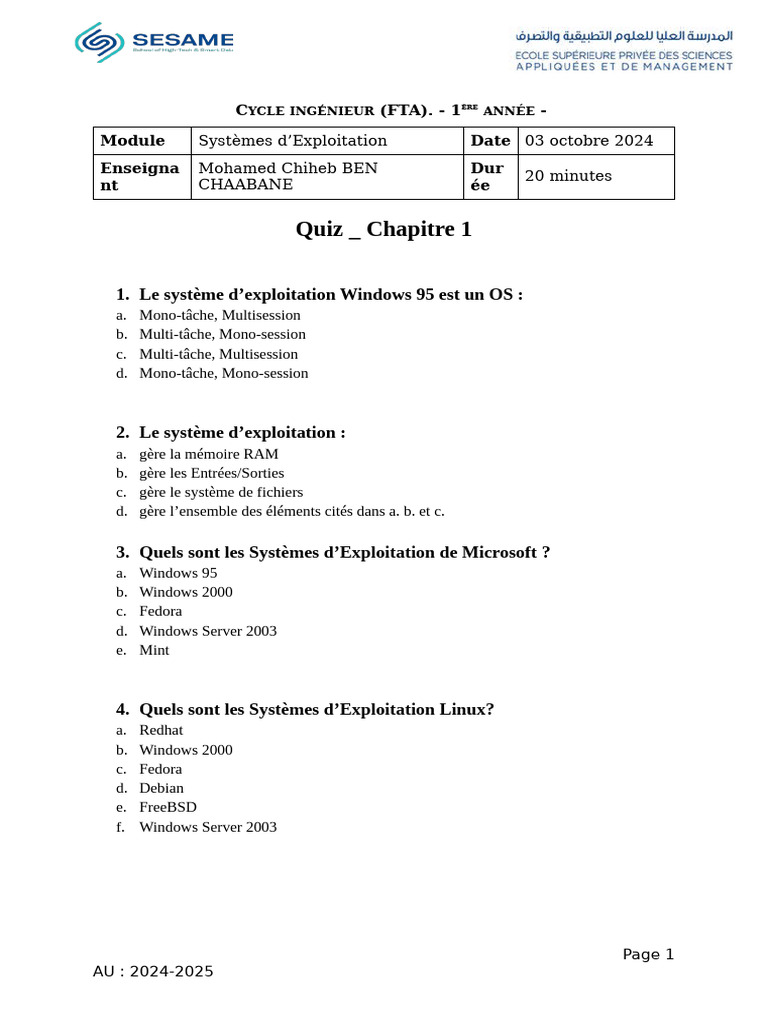 Quiz SE - Chapitre 1 - Généralités Des SE | PDF