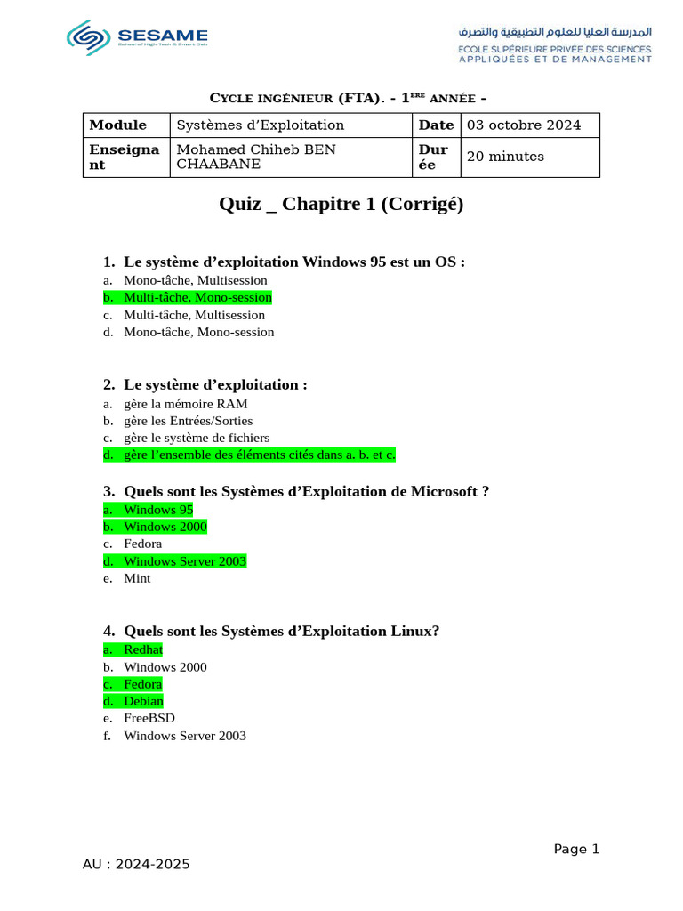 Quiz SE _ Chapitre 1 _ Généralités des SE _ Corrigé | PDF