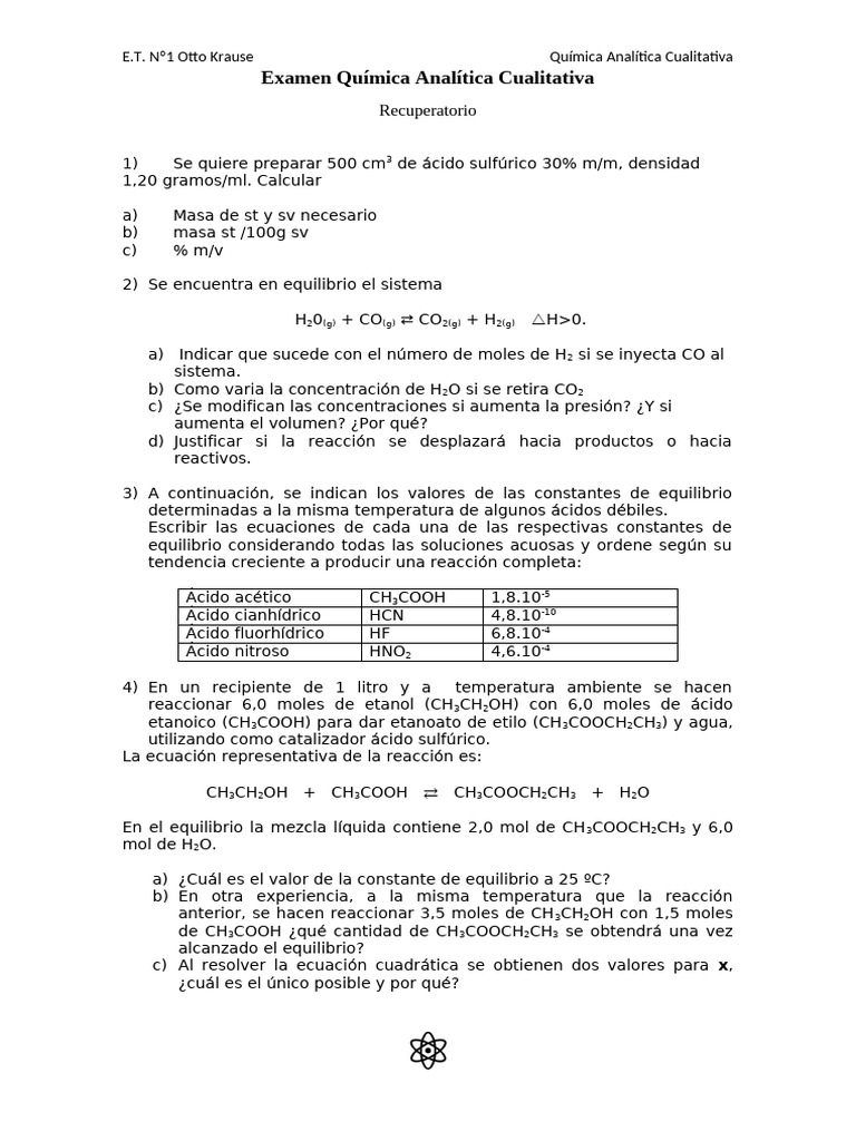Recuperatorio Eq. Qco | PDF | Equilibrio químico | Ácido