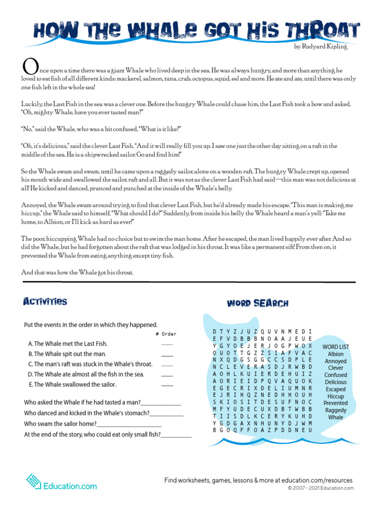 reading-comprehension-whale-throat-worksheet | PDF