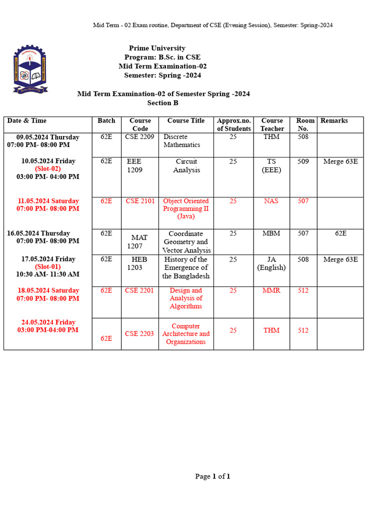 Updated - CSE - Eve - Spring 2024 Mid Exam 02 - Routine | PDF