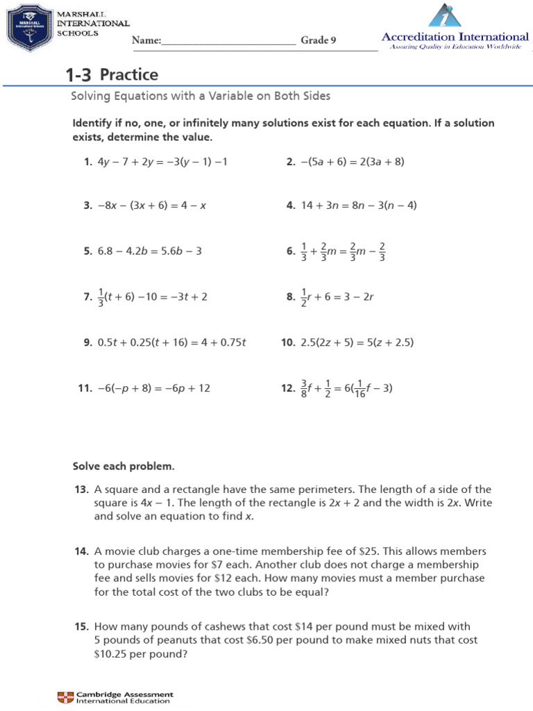 Practice: Solving Equations With A Variable On Both Sides | PDF