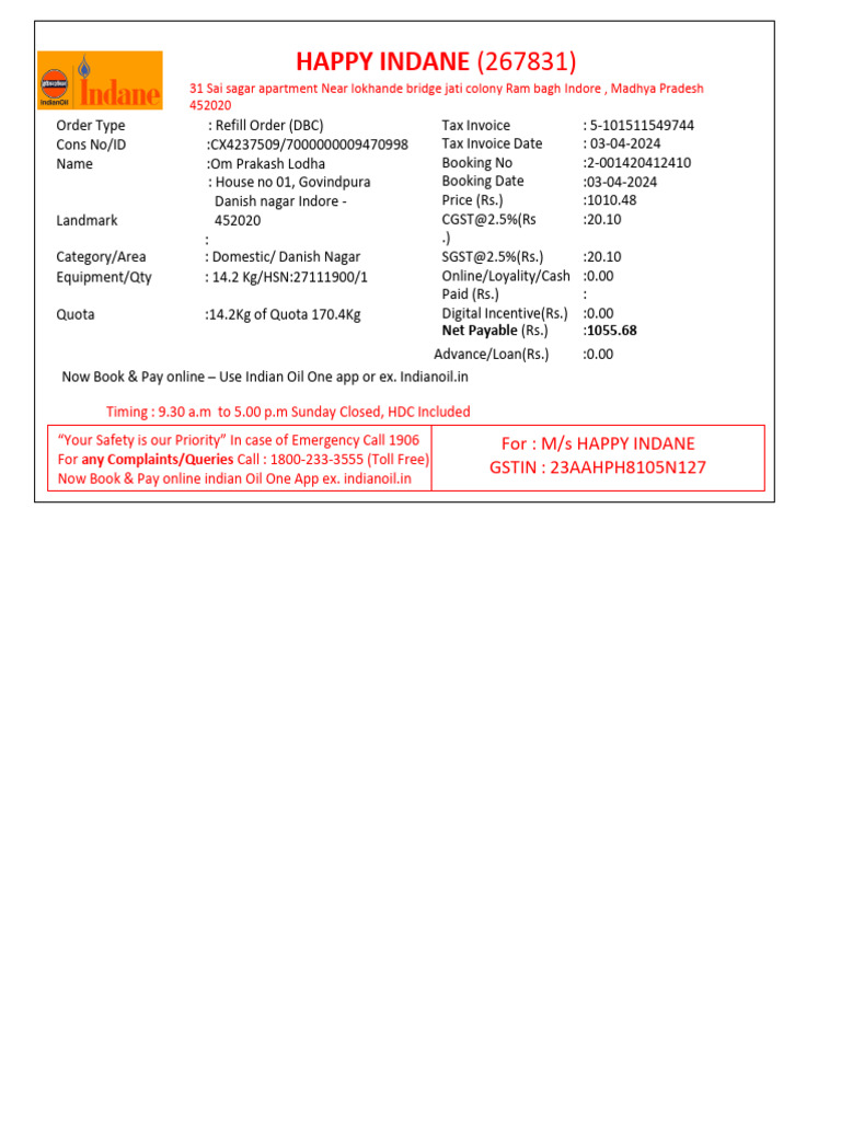 Happy Indane: For: M/S Happy Indane GSTIN: 23AAHPH8105N127 | PDF