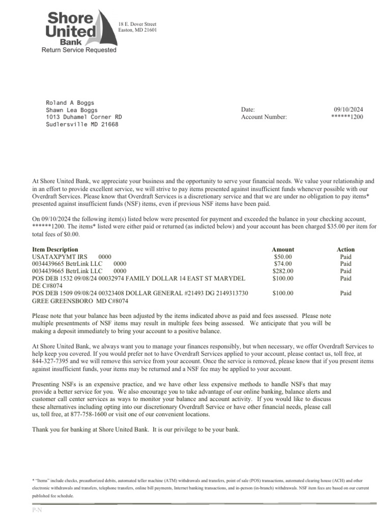 Shore United Bank Overdraft Notice | PDF | Overdraft | Finance & Money ...
