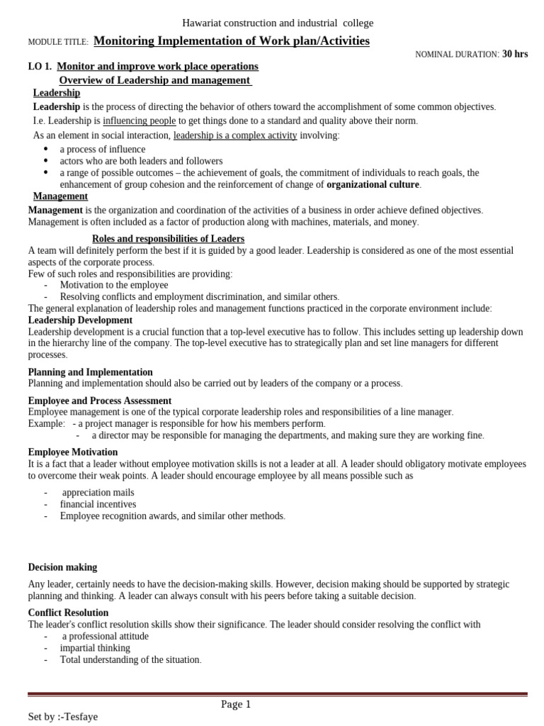 Monitoring Implementation of Work plan | PDF