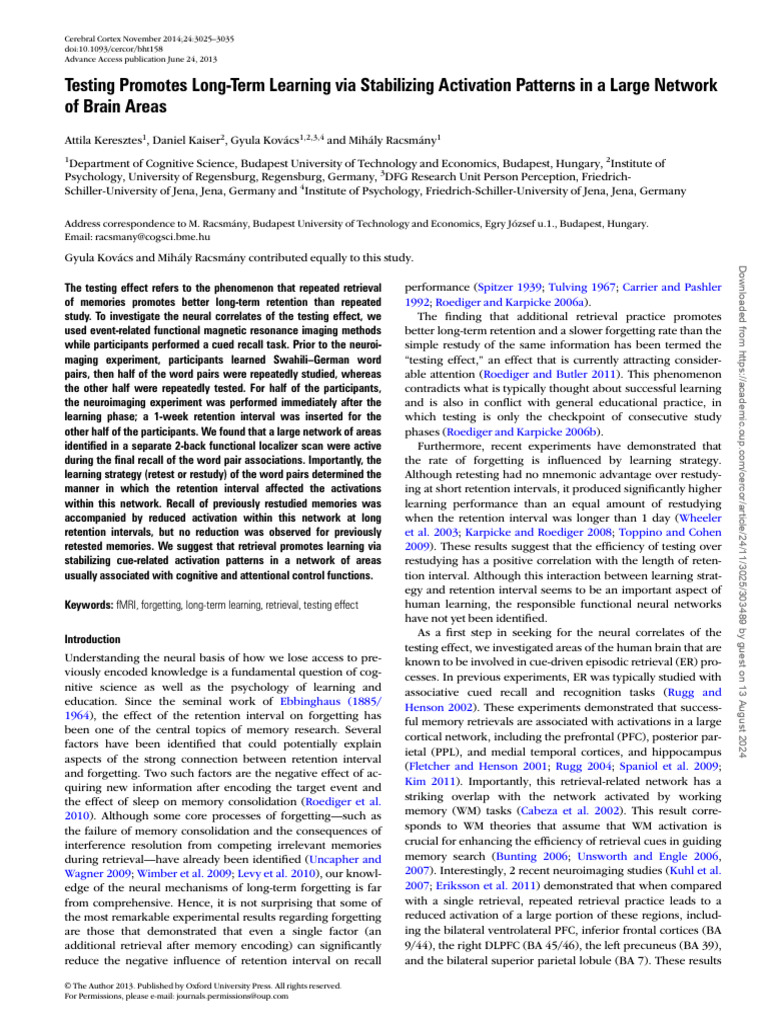 Testing Promotes Long-Term Learning Via Stabilizing Activation Patterns ...