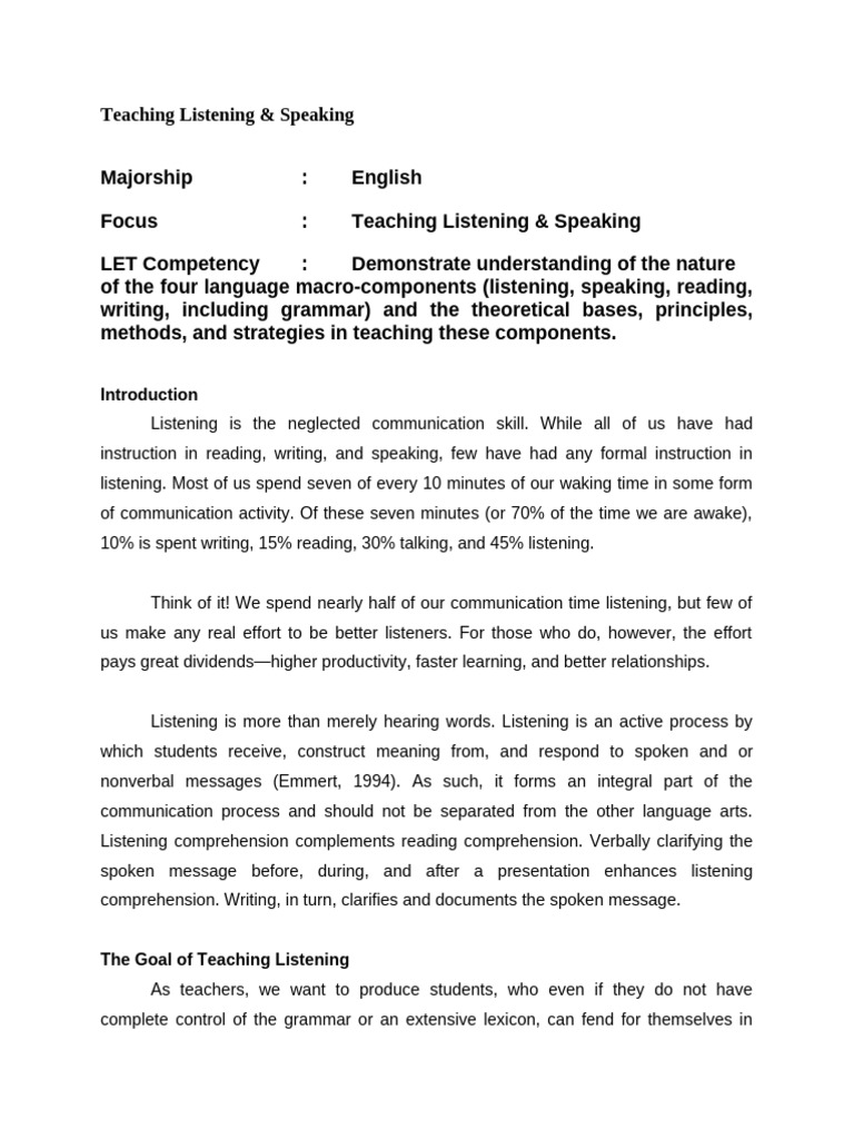 Teaching Listening and Speaking | PDF | Fluency | Career & Growth