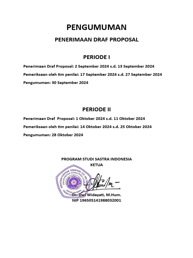 Pengumuman Penerimaan Draf Proposal | PDF