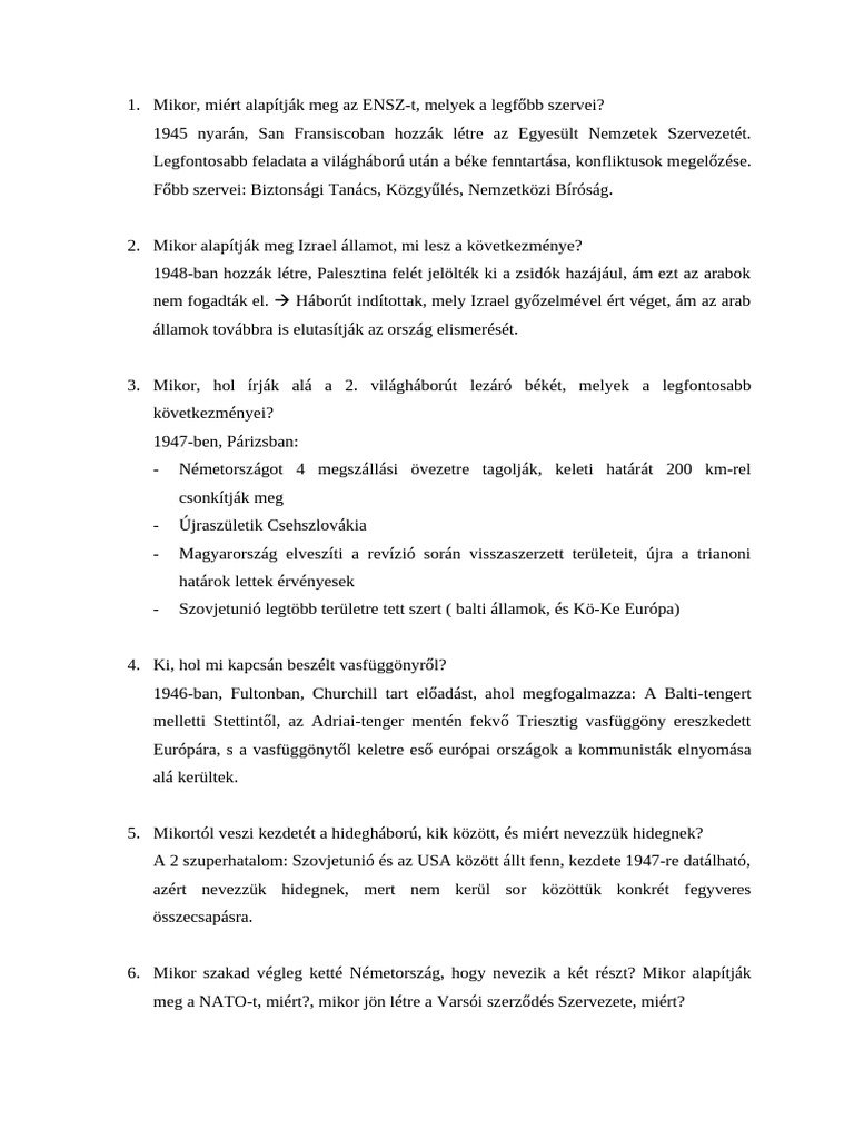 Röpdolgozat A 2.vh. Utáni Egyetemes Töri | PDF