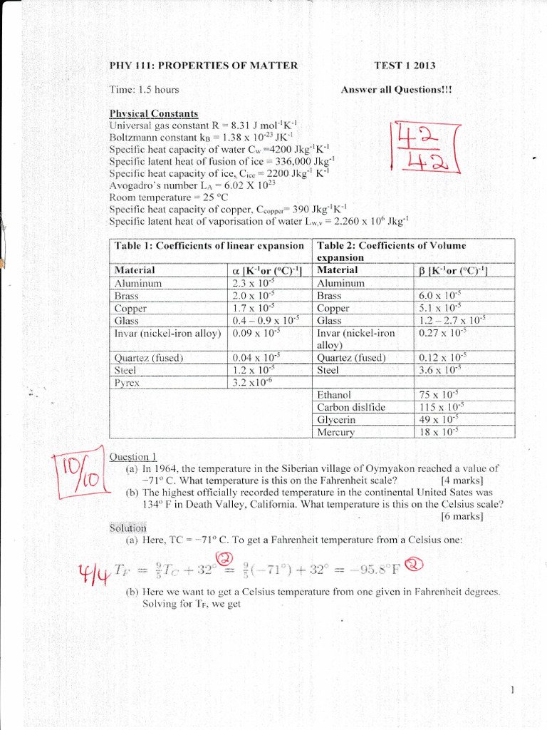 Phy 111 Properties of Matter Test - Dec 2023 Solutions | PDF