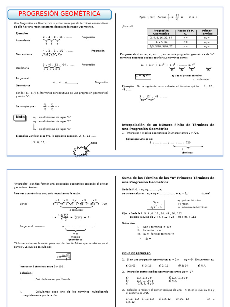Progresión Geométrica para Tercero de Secundaria | PDF | Matemáticas