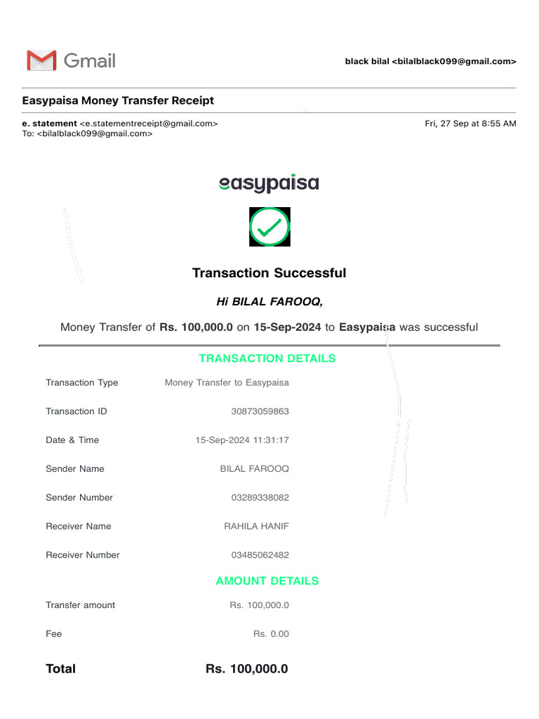 Easypaisa Money Transfer Receipt | PDF