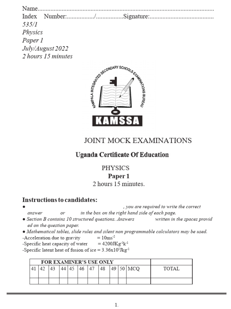 KAMSSA JOINT MOCK EXAMINATIONS PHYSICS PAPER 1 O LEVEL 2022 - Copy-2 | PDF
