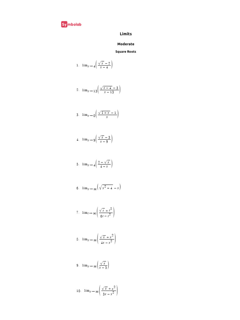 Limits Square-Roots Worksheets | PDF