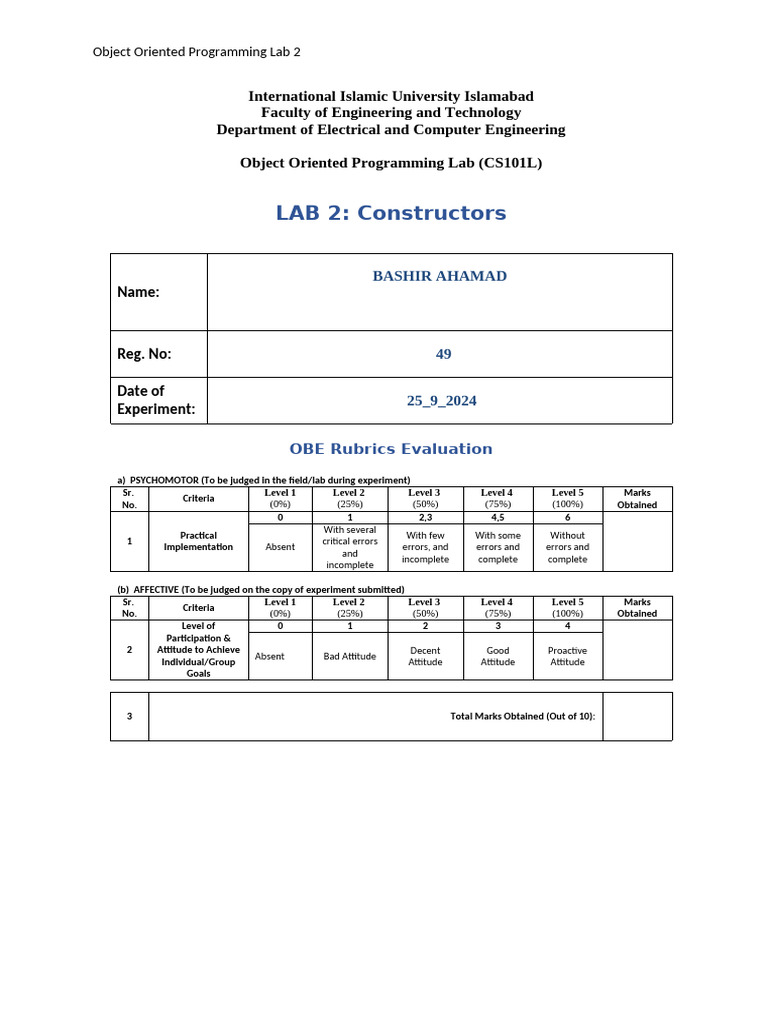 LAB 2: Constructors | PDF