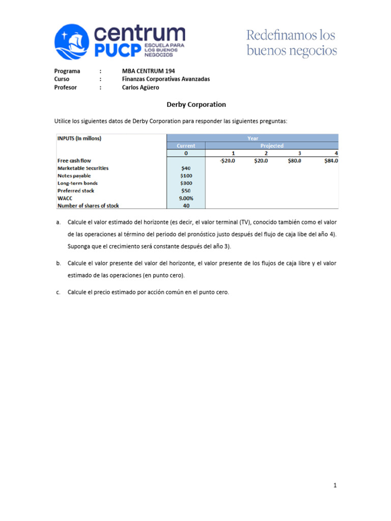 Valoración de Derby Corporation | PDF