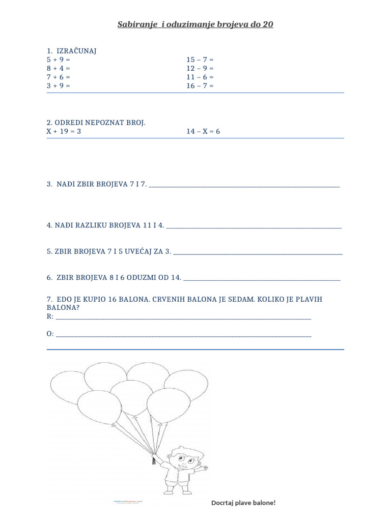Sabiranje I Oduzimanje Brojeva Do 20 - VJEŽBA | PDF