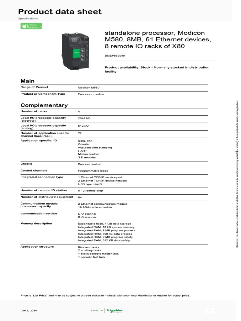 Schneider Electric_Modicon-M580-PAC-Controller_BMEP582040 | PDF