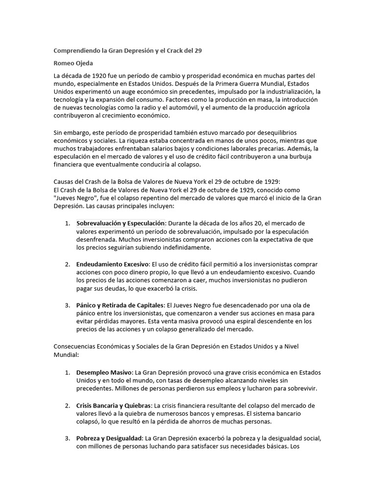 Comprendiendo La Gran Depresión y El Crack Del 29 | PDF