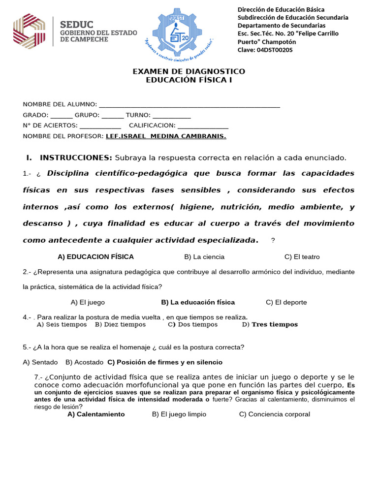 Examen de Diagnostico Primer Grado Tec 20 | PDF