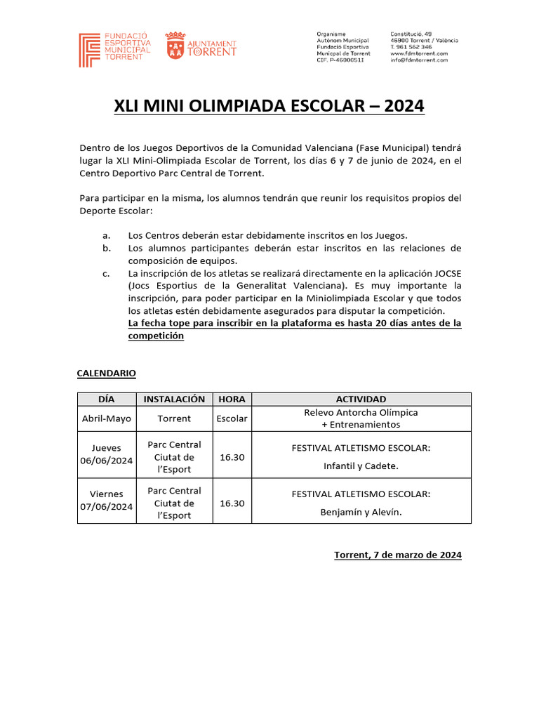 Reglamento Mini Olimpiada 2024 | PDF