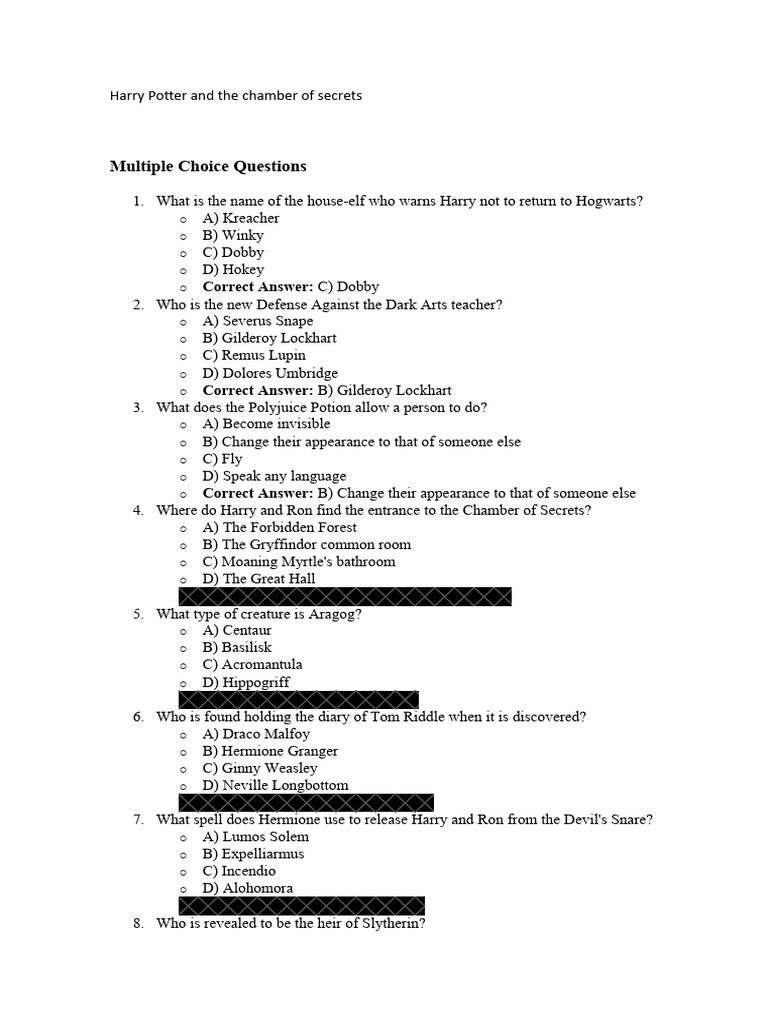 Harry Potter and The Chamber of Secrets Test | PDF