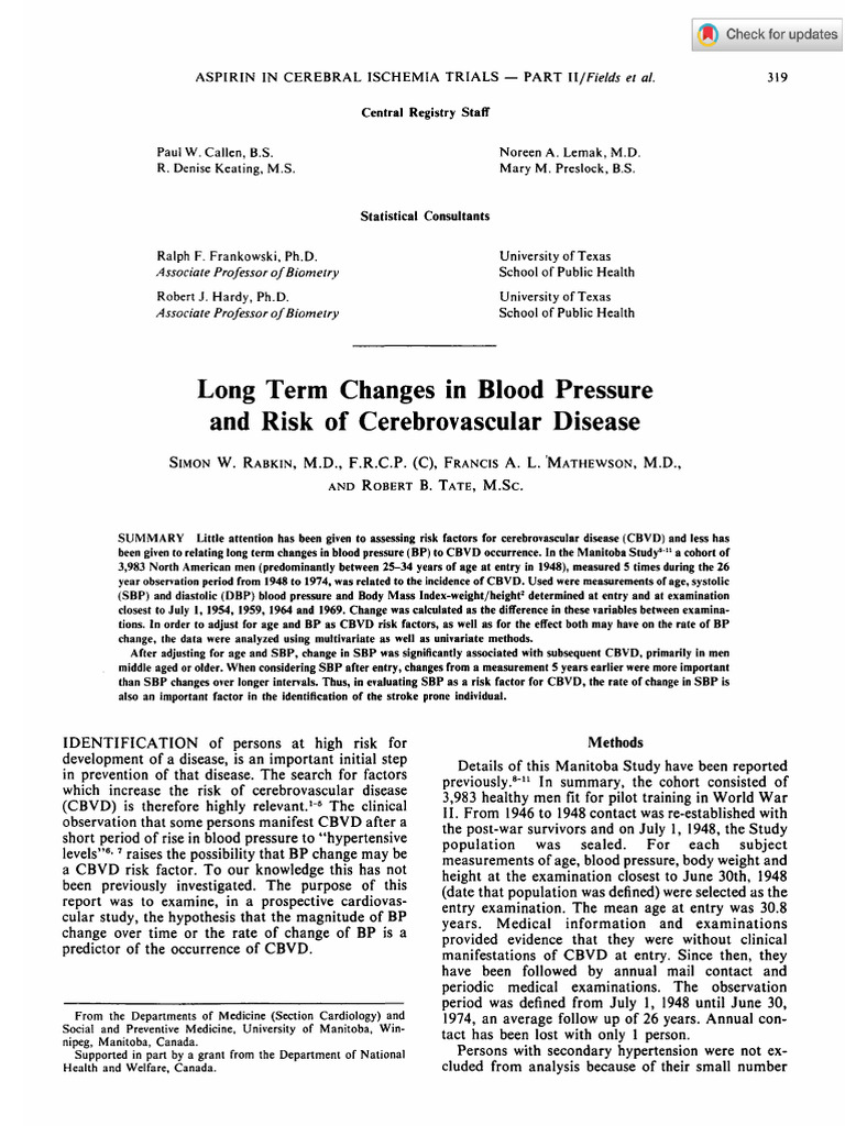 Rabkin Et Al 1978 Long Term Changes in Blood Pressure and Risk of Cerebrovascular Disease | PDF