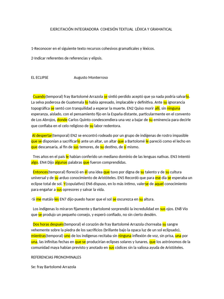 Tema 6 Ejercitación Integradora Cohesión Textual EL ECLIPSE | PDF