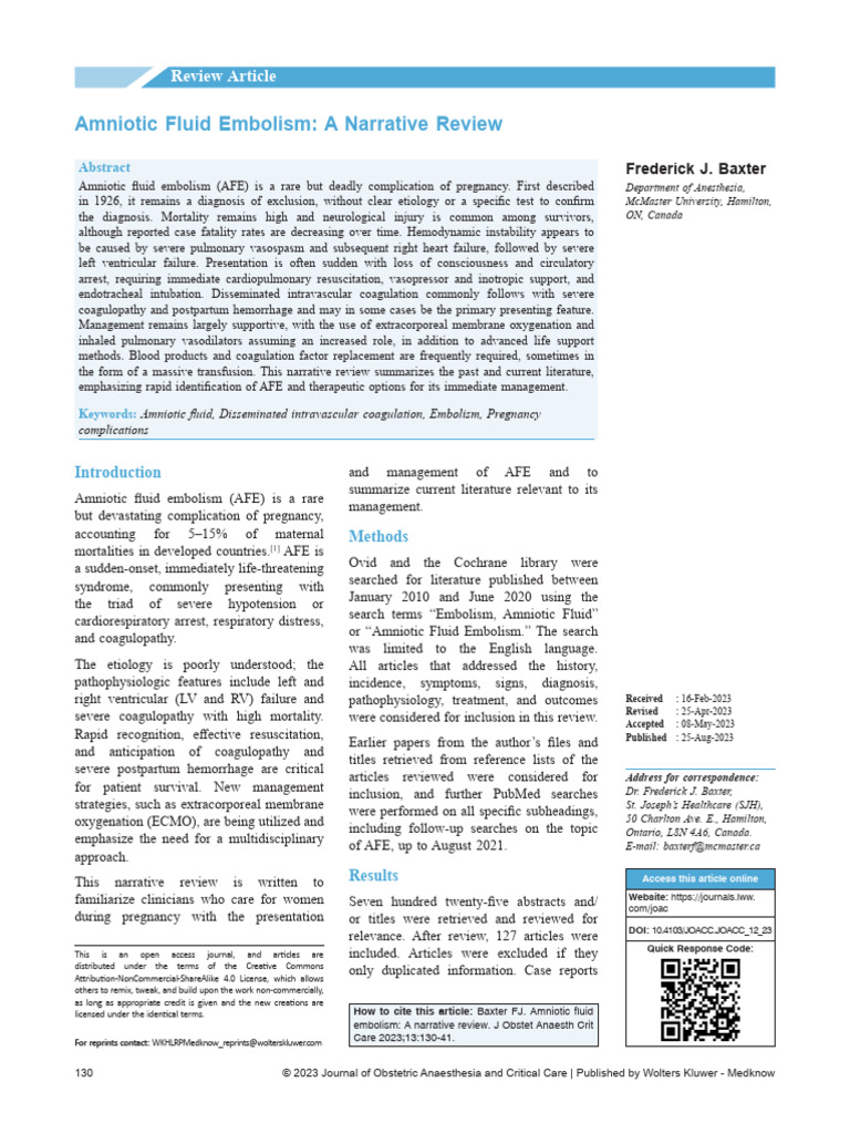 Amniotic Fluid Embolism A Narrative Review.2 | PDF