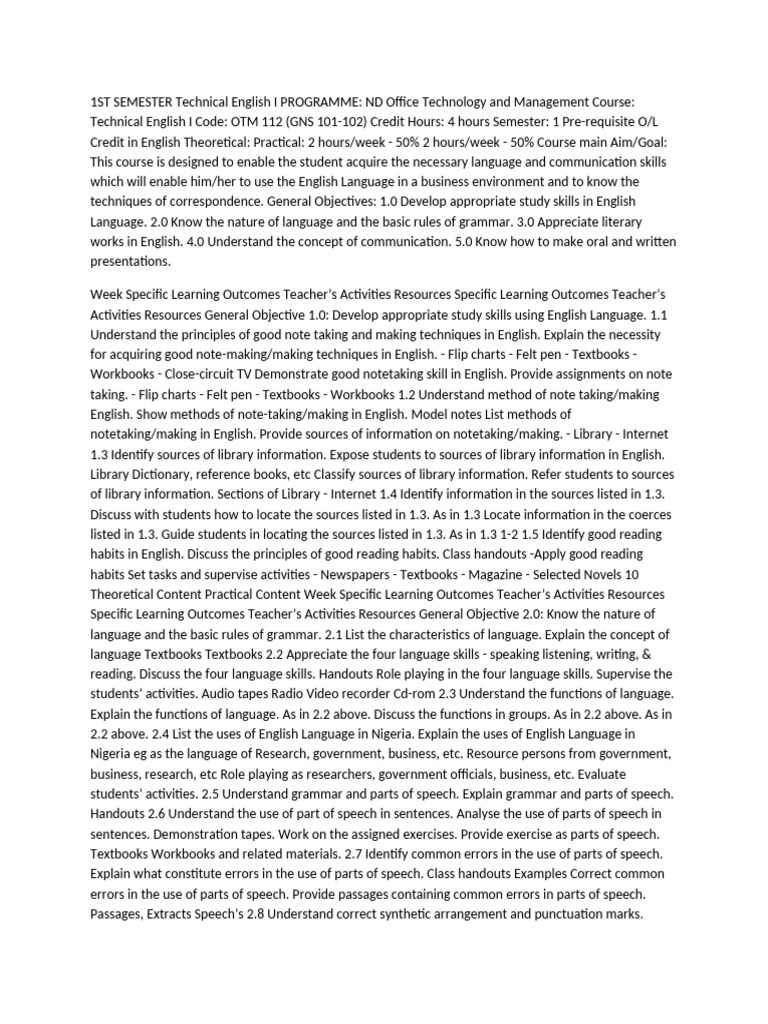 1st Semester Technical English i Programme | PDF